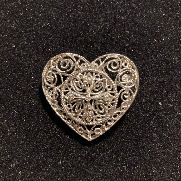 Jewelry | Vintage Sterling Silver Filigree Heart Pin With Diamond ...